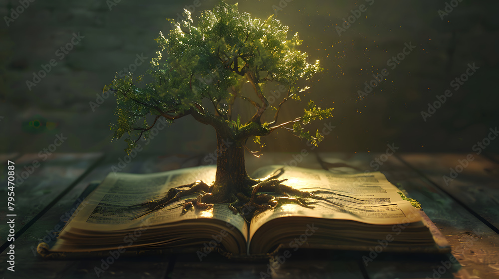 An open book with an enchanted tree growing from its pages, symbolizing ...
