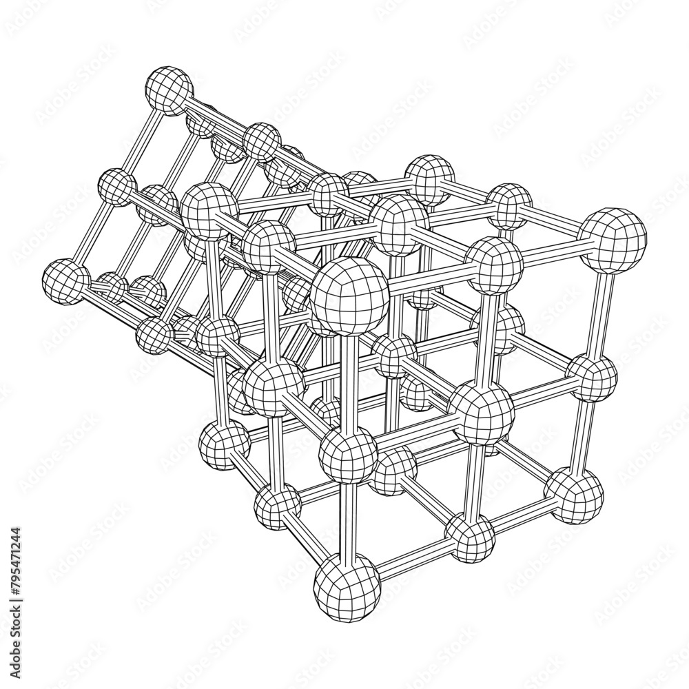 Crystal lattice molecule grid. Sodium chloride rock salt. Wireframe low ...