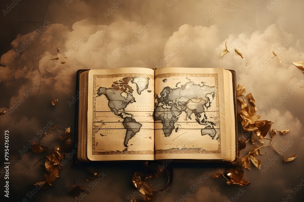 Map of the world map in the book. concept of religion. union of nations ...