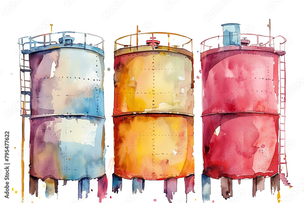 Minimalistic watercolor illustration of storage tanks on a white ...