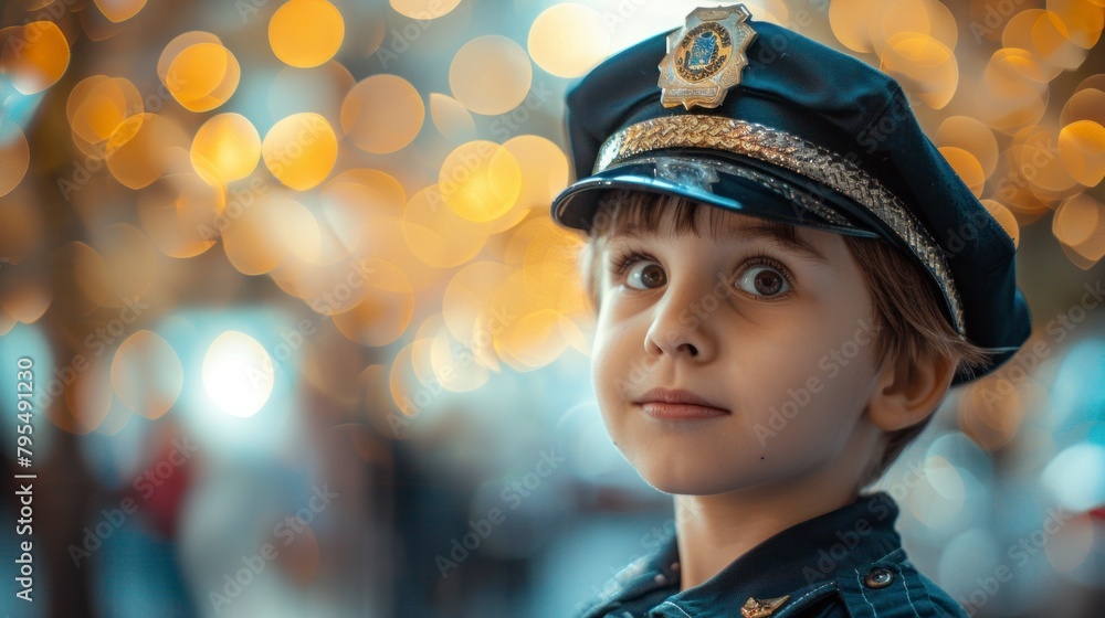 cute little boy in police suit on the street with blurred background in ...