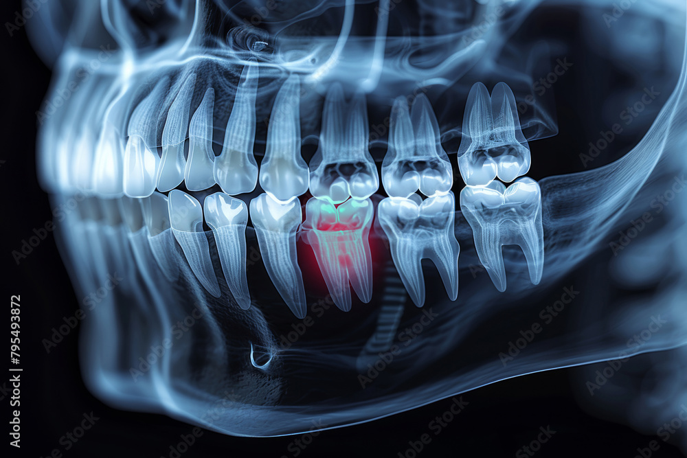 Pain, xray and 3d scan of teeth in mouth for inflammation, cavity and ...