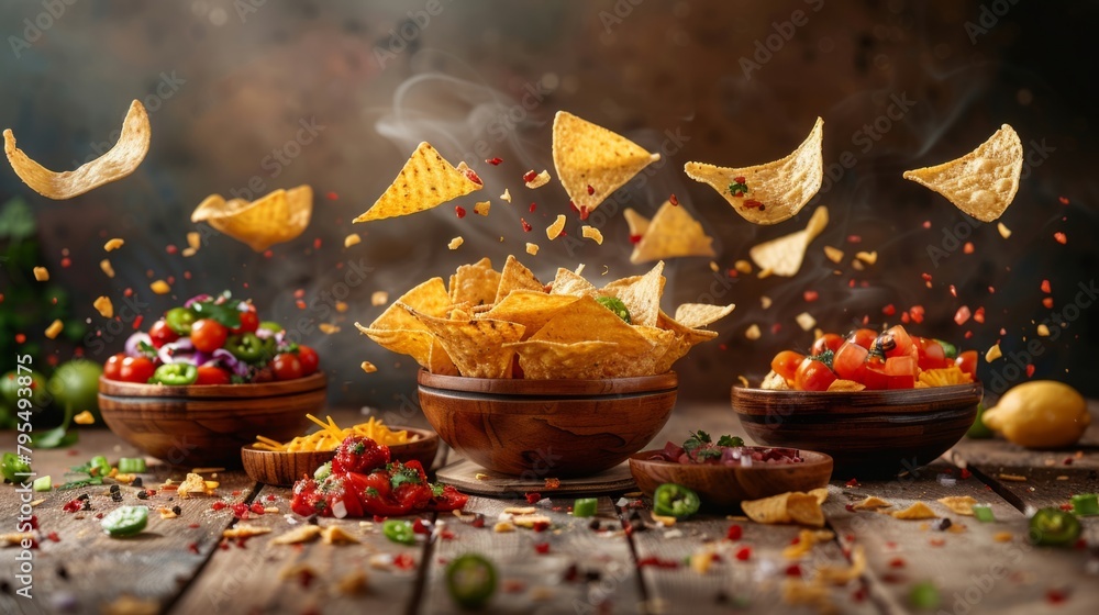 Envision a levitating taco bar with toppings floating above the taco ...