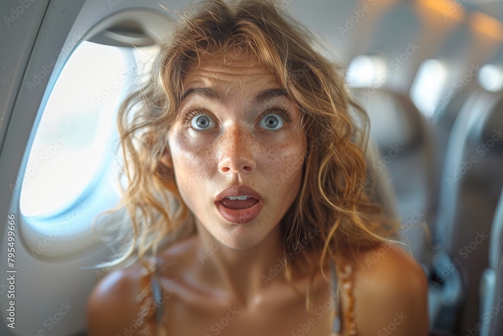 An amazed young woman reflects with wide eyes in the mirror-like window ...