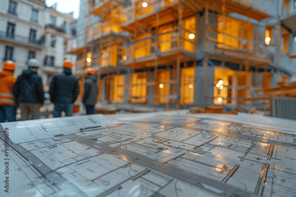 An image focusing on detailed architectural blueprints with blurred ...