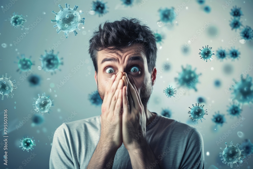 Ill man covering mouth and few bacterial cells floating in the air ...