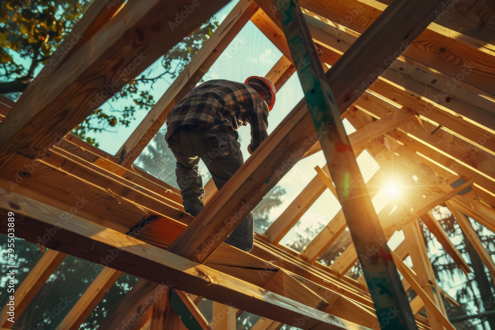 Man working on frame on a roof. Timber frame construction. Generative ...