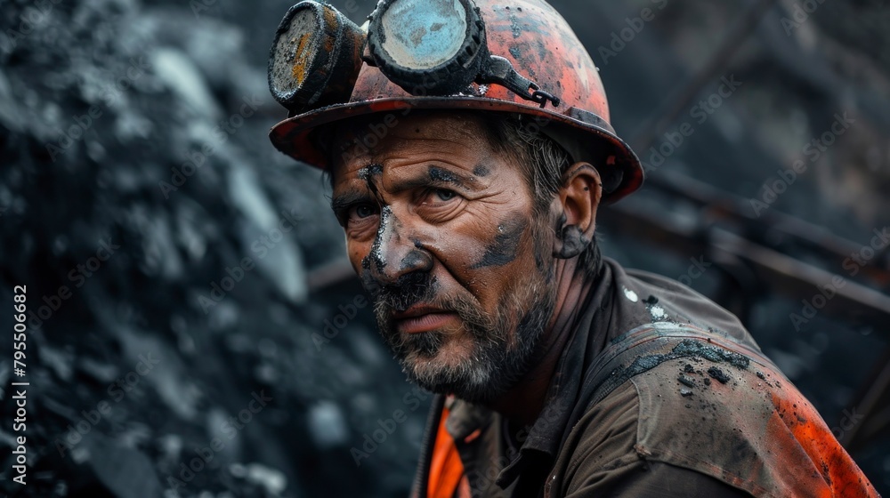 Dirty miner with helmet working in a coal mine in high resolution and ...