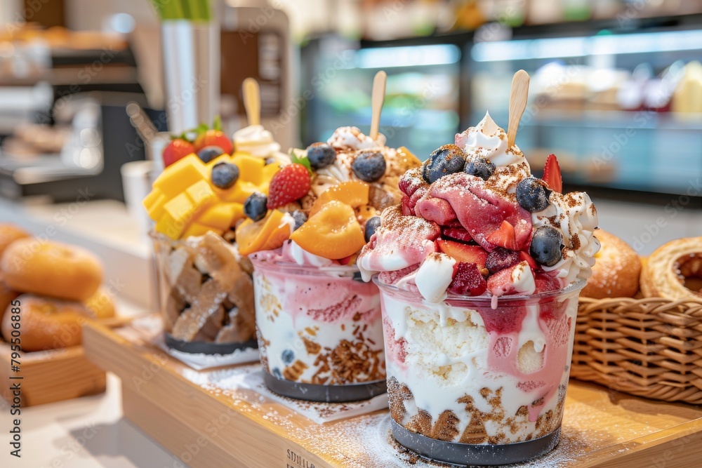 Artisan dessert of pistachio cream in a natural flavor snack, mixed ...