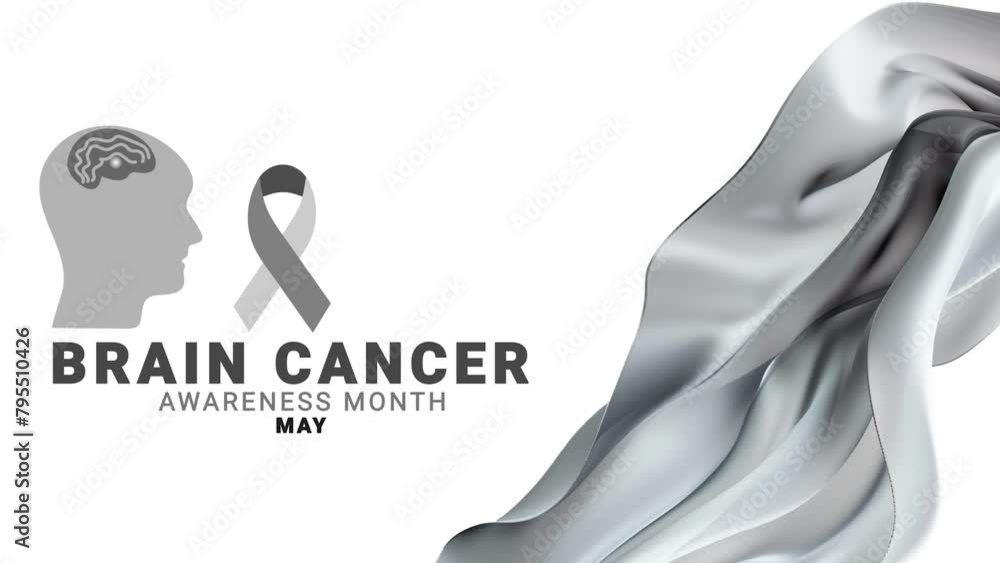 Brain cancer awareness month. Gray color ribbon wave motion. Head icon ...