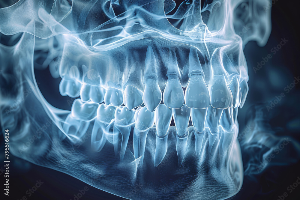 Jaw, bone and dental x ray with future dentistry, AI and technology for ...