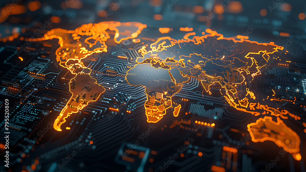 World map digital tech circuit background. Circuit board. Technology ...