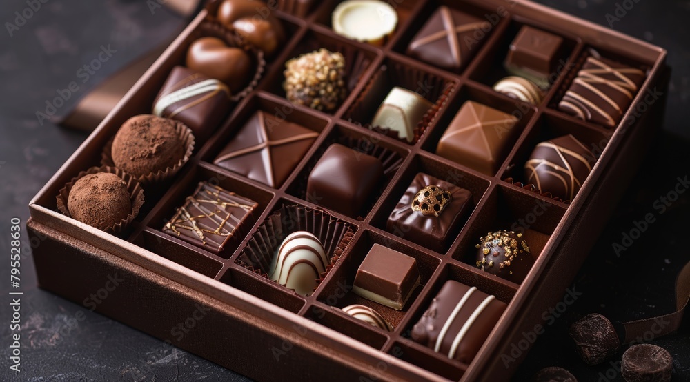 An elegant wooden box of chocolates with satin ribbon, showcasing an ...