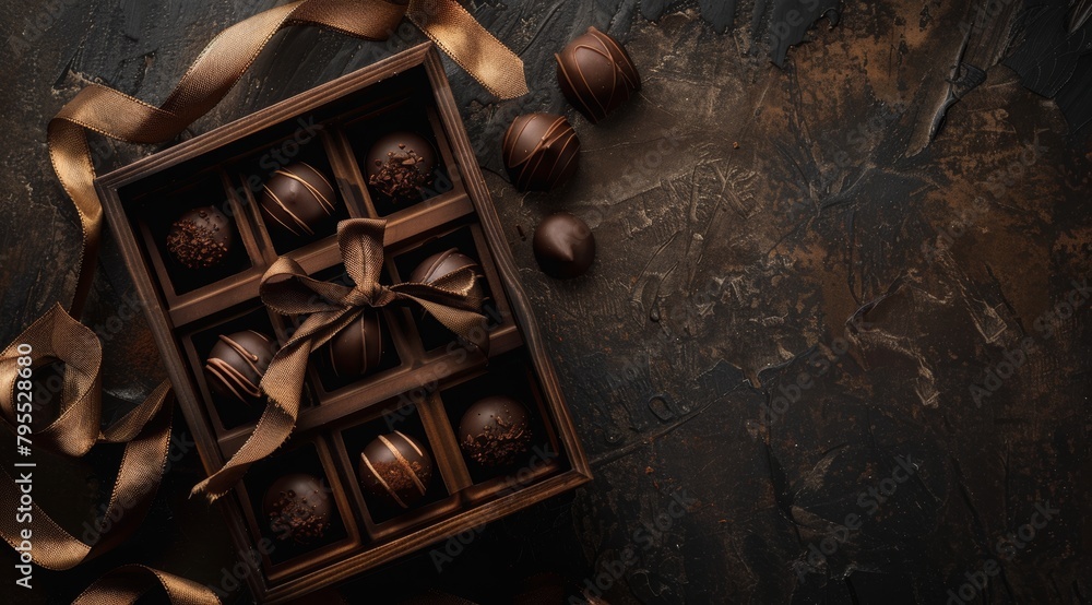 An elegant wooden box of chocolates with satin ribbon, showcasing an ...