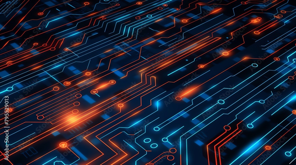 Blue and orange circuit board lines on a dark background, a futuristic tech pattern design for a ...
