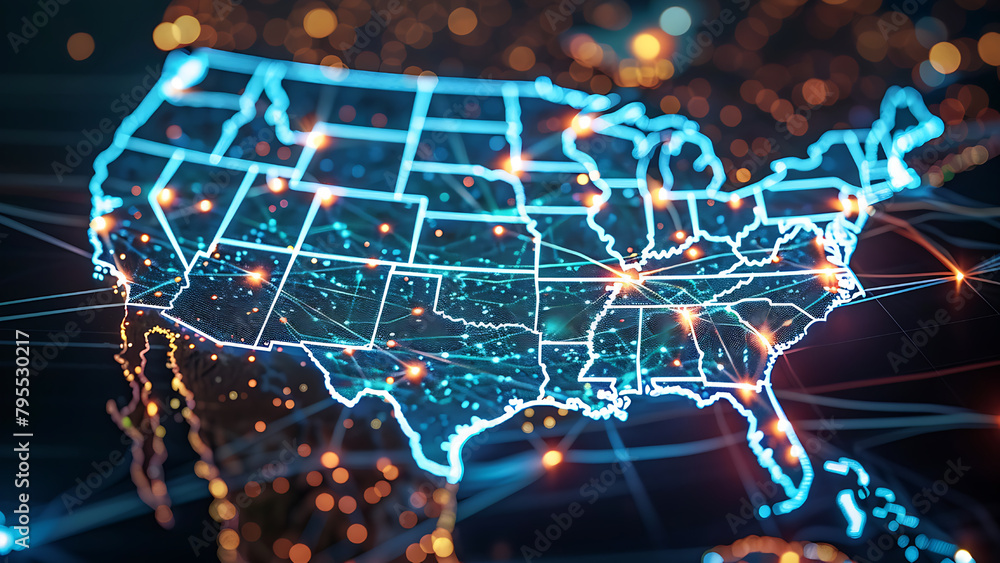 United States of America USA network map. connected network of states ...