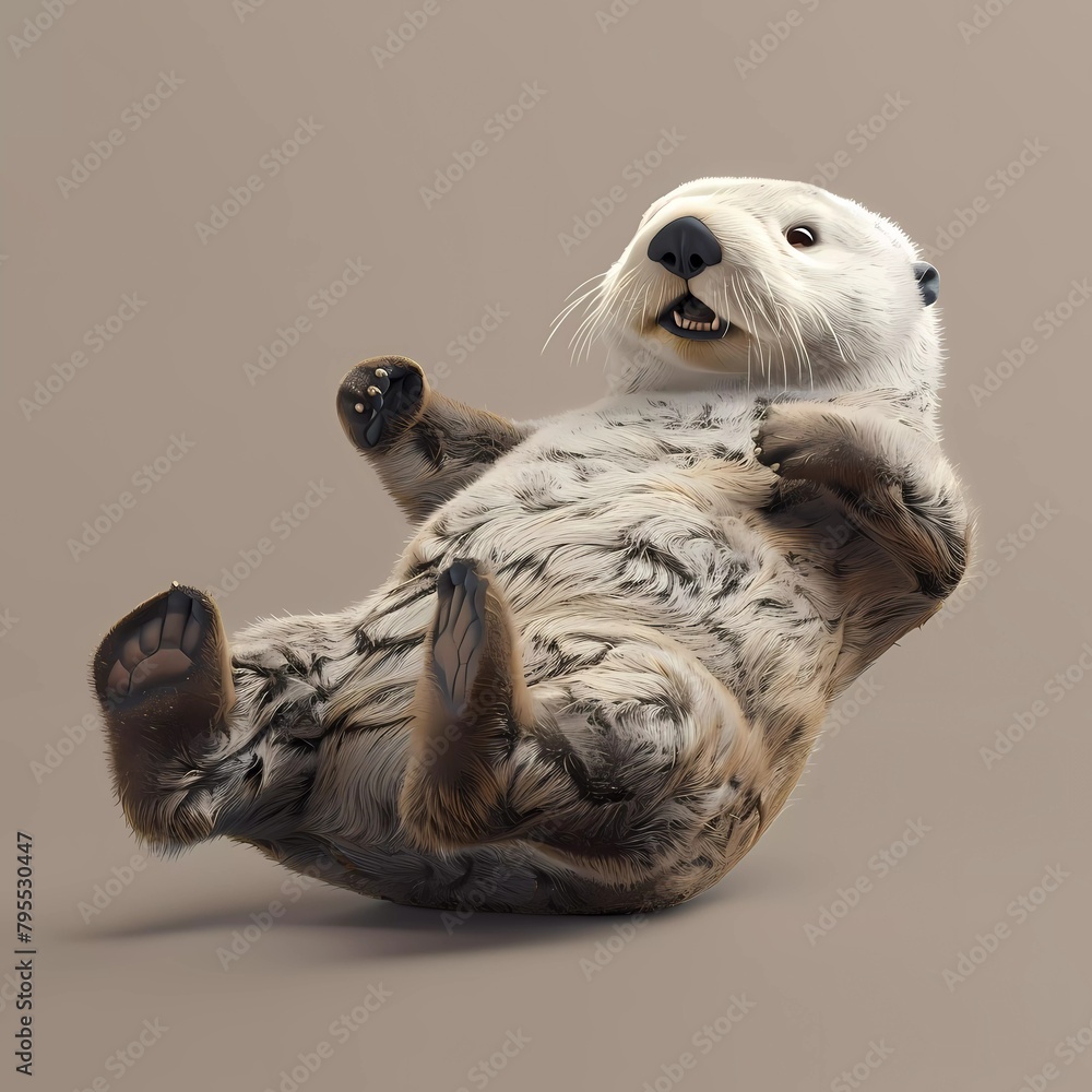 3D image of animated character of a happy sea otter lying on his back ...