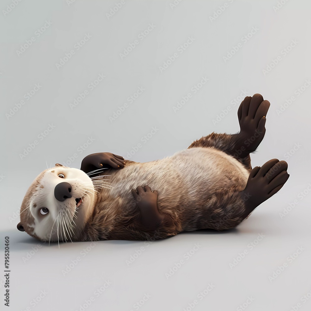 3D image of animated character of a happy sea otter lying on his back ...