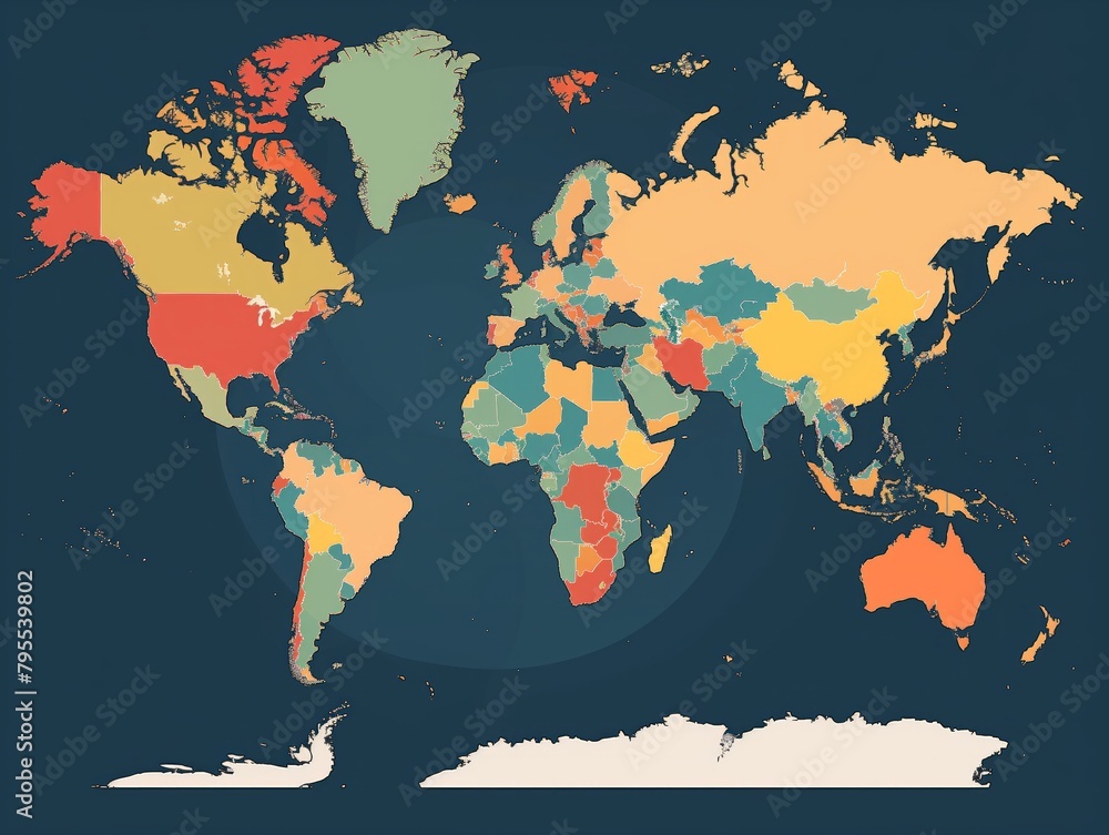 A colorful world map with the United States, Canada, and Mexico in the ...