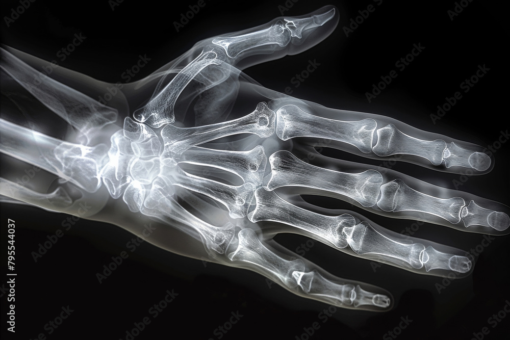 Xray, anatomy and hand skeleton on film, body injury and scan and ...
