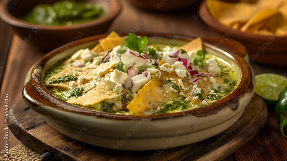 Authentic Mexican Chilaquiles with Green Salsa in a Traditional Bowl ...