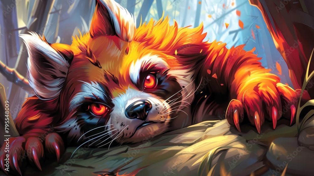 A red panda with glowing red eyes is lying on a tree branch in the ...