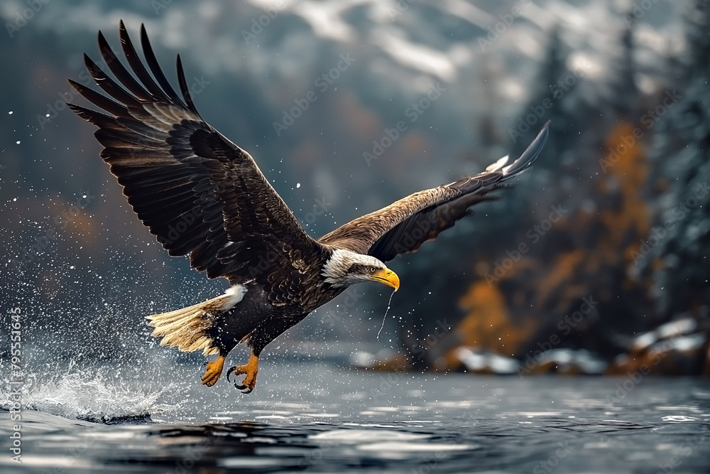 Eagle catches fish with its feet on the water. Animal theme backgrounds ...