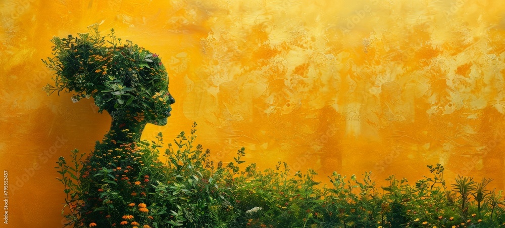 Artistic Topiary Human Head Silhouette Against Vibrant Orange ...