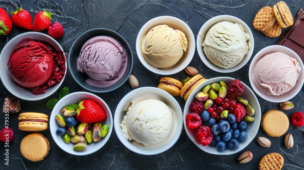 Gelato toppings in a dessert arrangement, offering alternative flavors ...