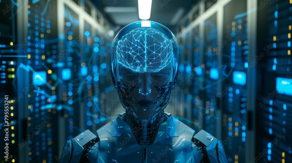 Advanced Humanoid Robot with Neural Network Brain Standing in a High ...