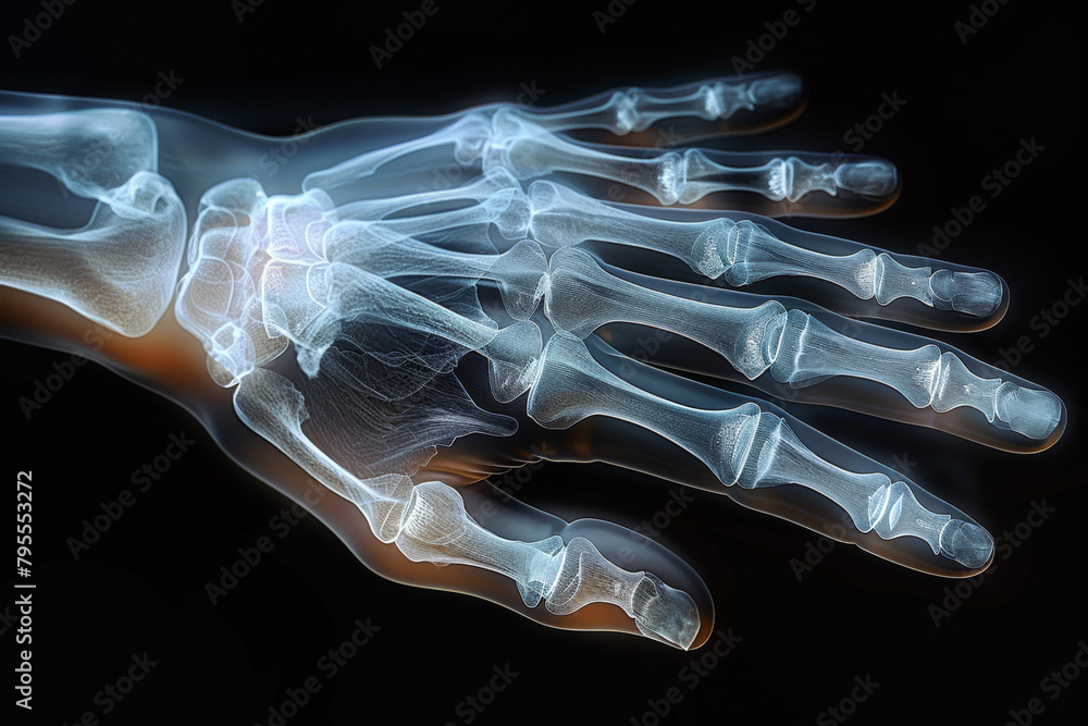 Xray, anatomy and hand with arthritis on film, body pain and skeleton ...