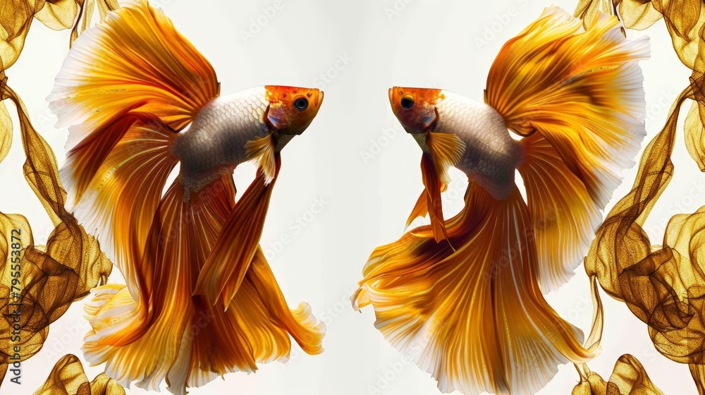 Mirror Image of Two Vibrant Orange Betta Fish Displaying Fins in an ...