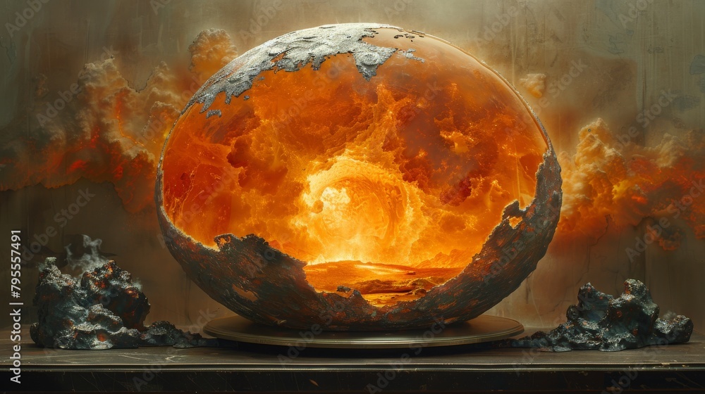 Detailed visual of the Earth's inner core, lava, and crust on a platter ...