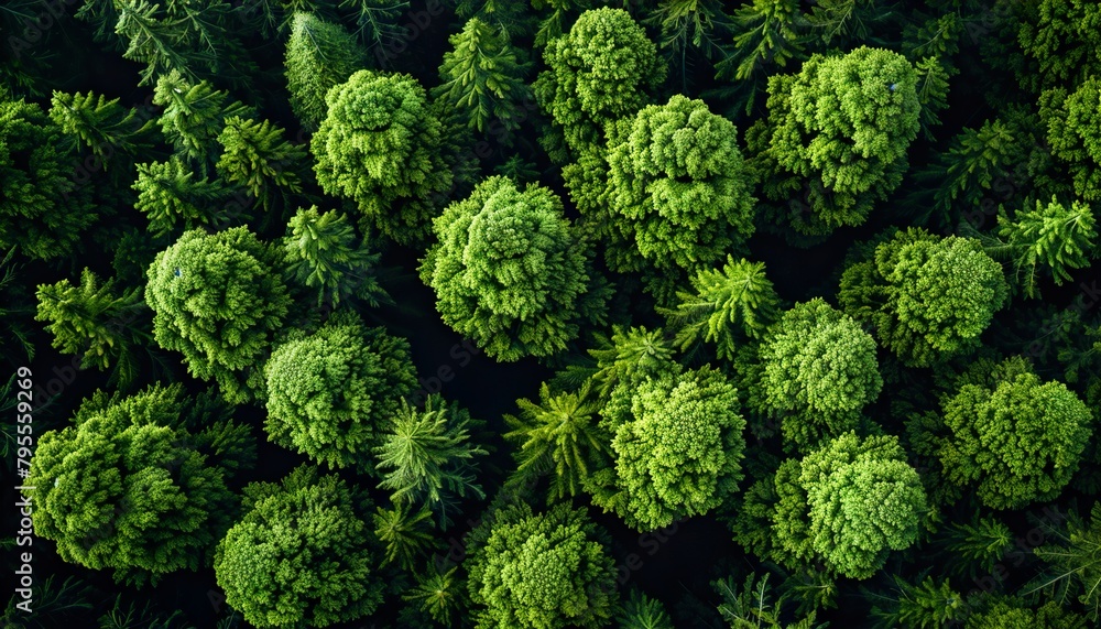 Aerial top view of green forest and forest trail. Drone view of green ...