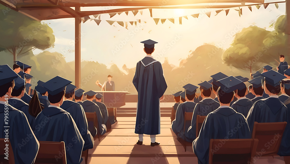 A young student man giving graduation speech to other graduated people ...