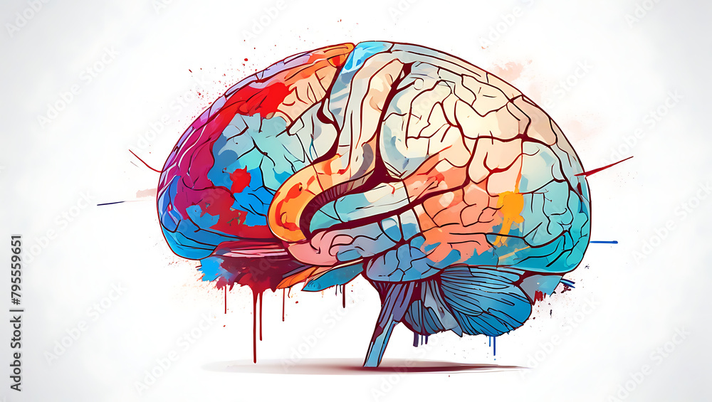 Illustration of a Human brain with various color stains and blood ...