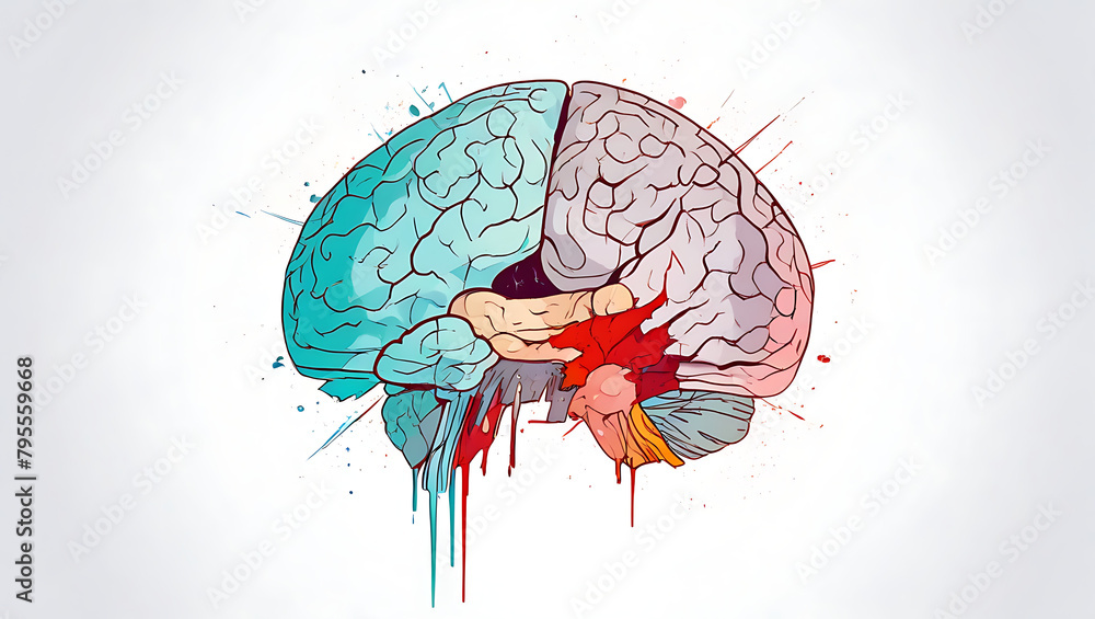 Illustration of a Human brain with various color stains and blood ...