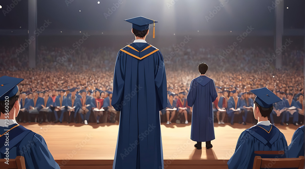 A young student man giving graduation speech to other graduated people ...