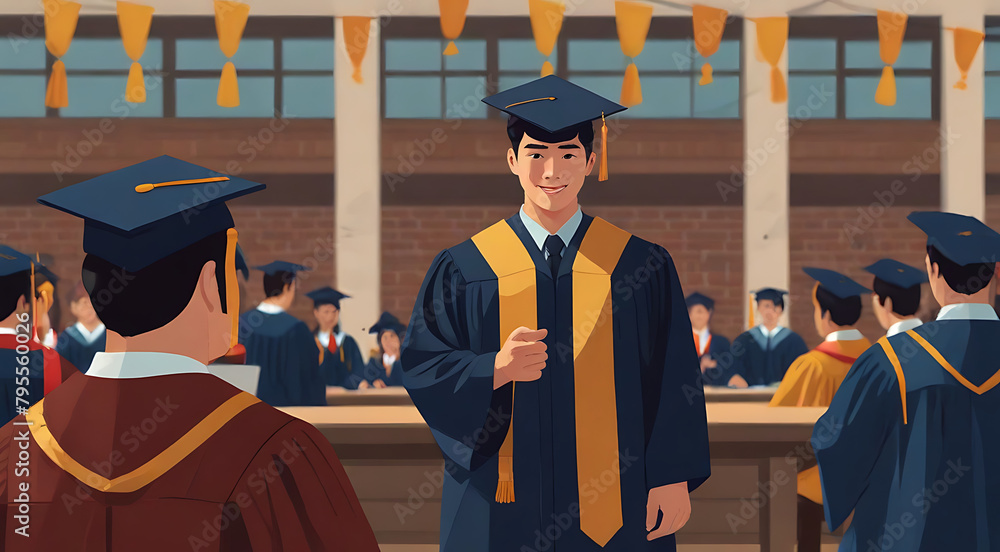 A young student man giving graduation speech to other graduated people ...