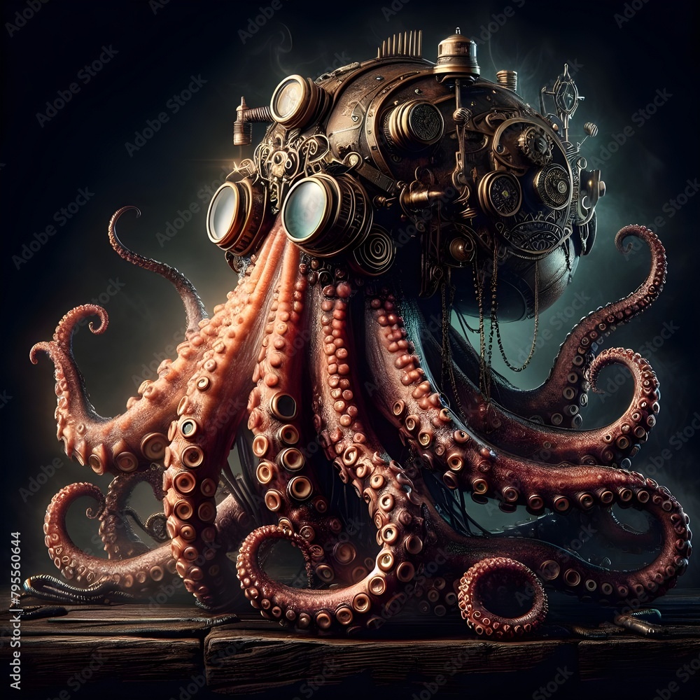 Fantasy octopus in steampunk style, at the bottom of the ocean ...