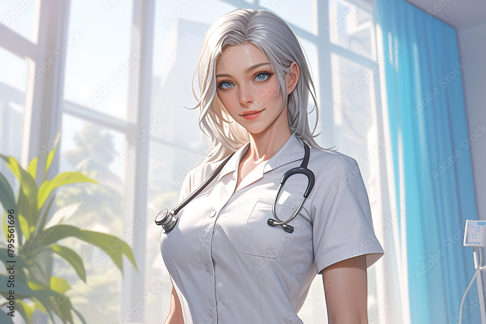 pretty anime female doctor with white hair in medical clothes in a ...