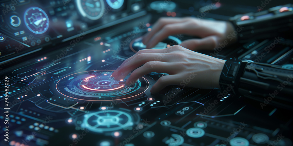 Human hands working on control panel with glass black screen in sci-fi ...