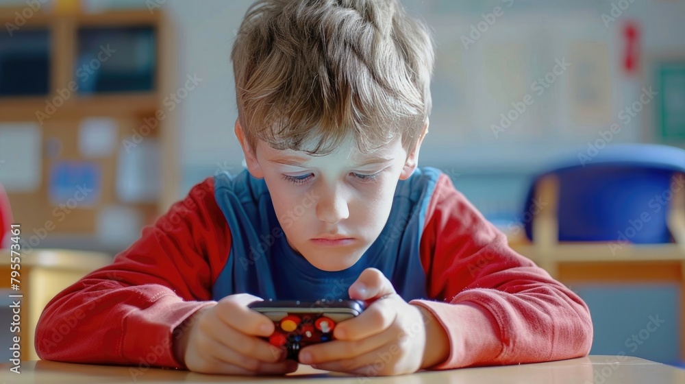 Child kid son pupil student bad behavior boy schoolboy playing video game on mobile phone at ...