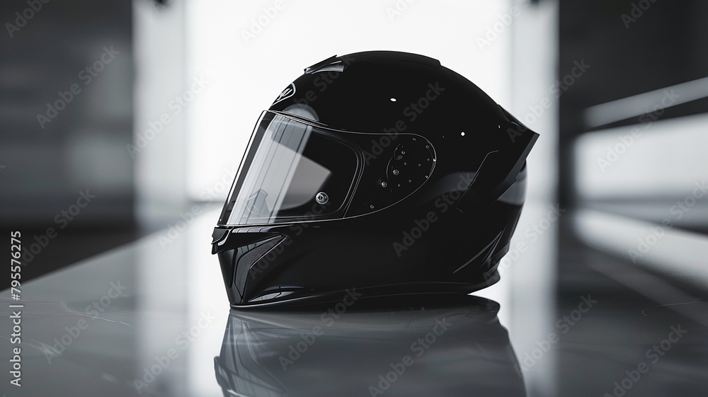 minimalist black motorcycle helmet highlighted against a stark white ...