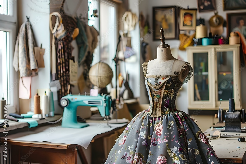 Fashion designer studio with sewing items fabrics and mannequins in the ...