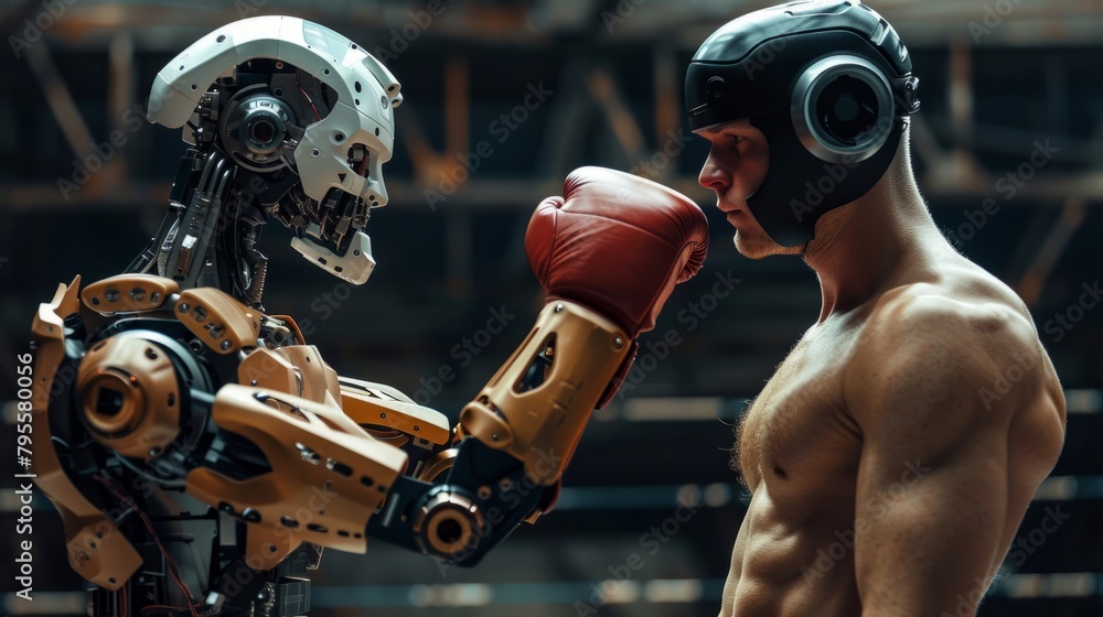 Face to face in the boxing ring, a muscular athlete and a humanoid ...