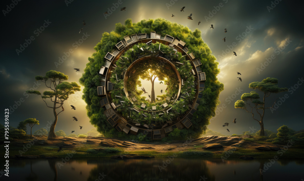 A digital painting of a steampunk tree of life with a large gear as the ...