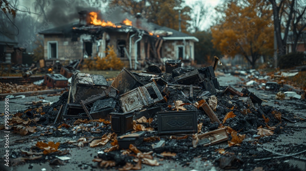 Devastating aftermath of a house fire with charred belongings and ...