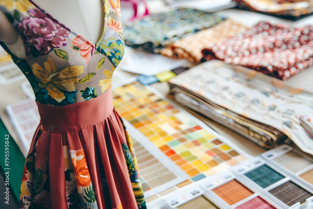 Fashion design workshop with clothing sketches fabric swatches and ...