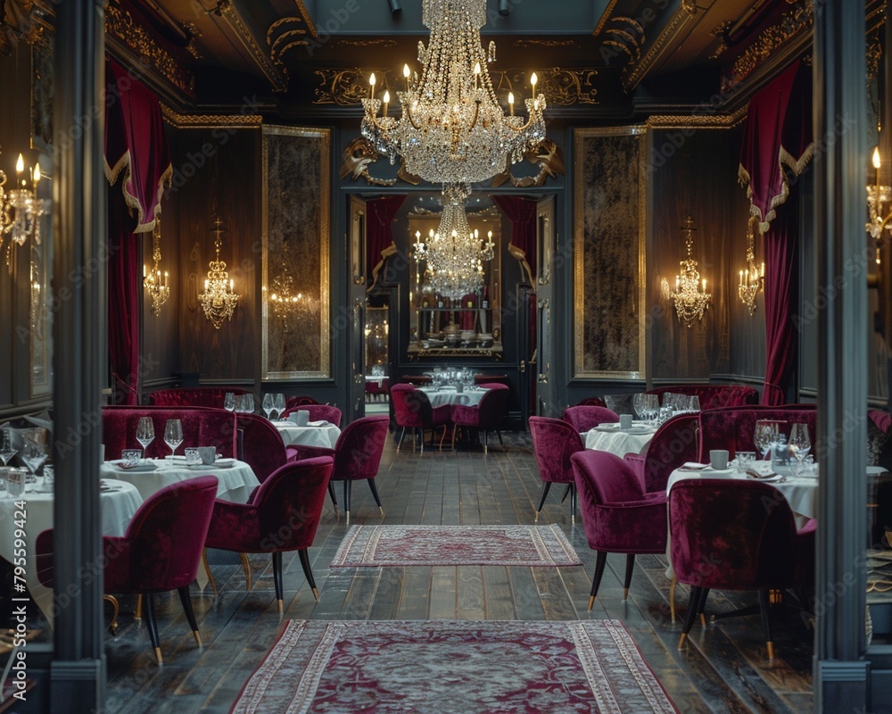 Imagine a glamorous restaurant interior with luxurious furnishings ...